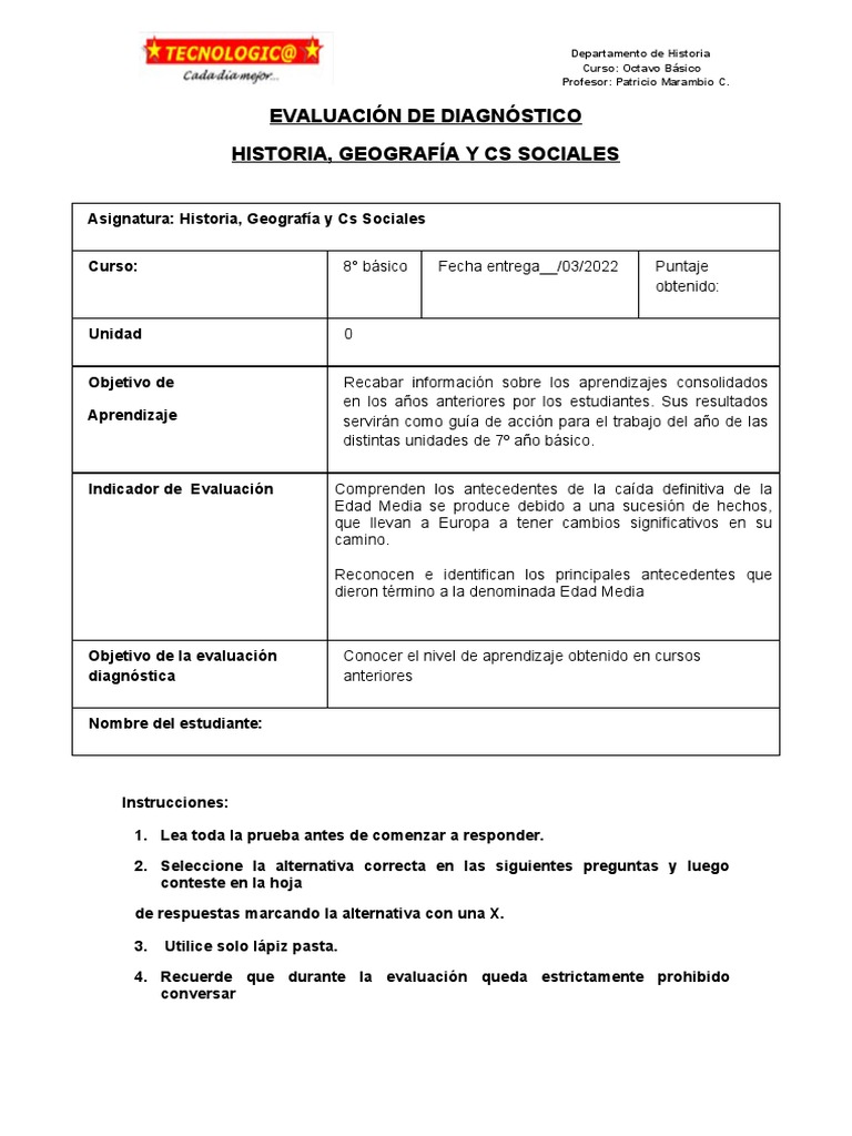 Evaluación Diagnóstica Historia 8° Básico | PDF | Muerte negra | Epidemias