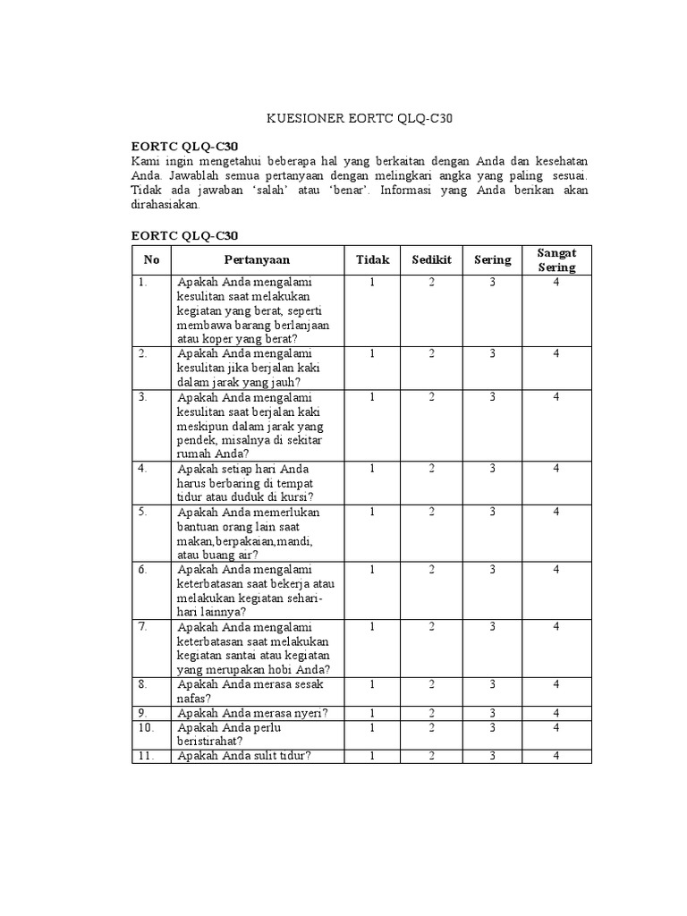 Kuesioner Eortc QLQ-C30 | PDF | Pengembangan Diri