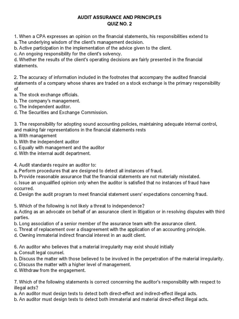 Audit Assurance and Principles Quiz No. 2 | PDF | Audit | Financial Audit
