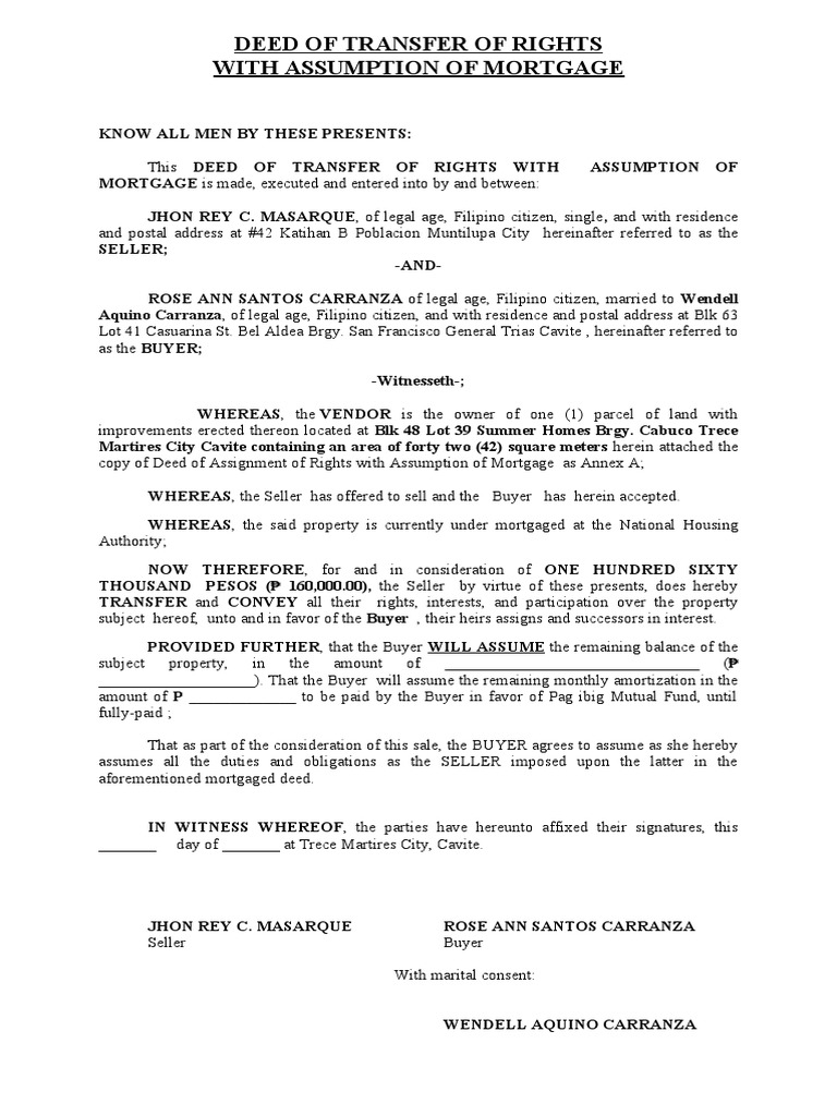 Deed of Transfer with Mortgage Assumption | PDF | Private Law | Civil ...