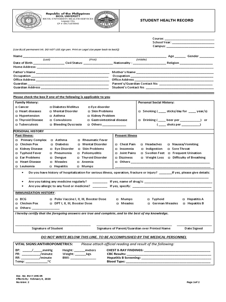 Student Health Record: Republic of The Philippines | PDF | Hepatitis ...