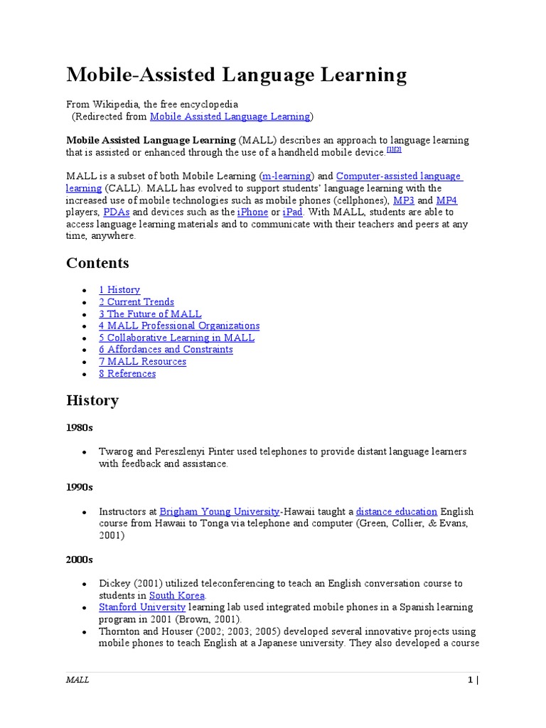 Mobile Assisted Language Learning (MALL) Describes An Approach To Language Learning | PDF ...