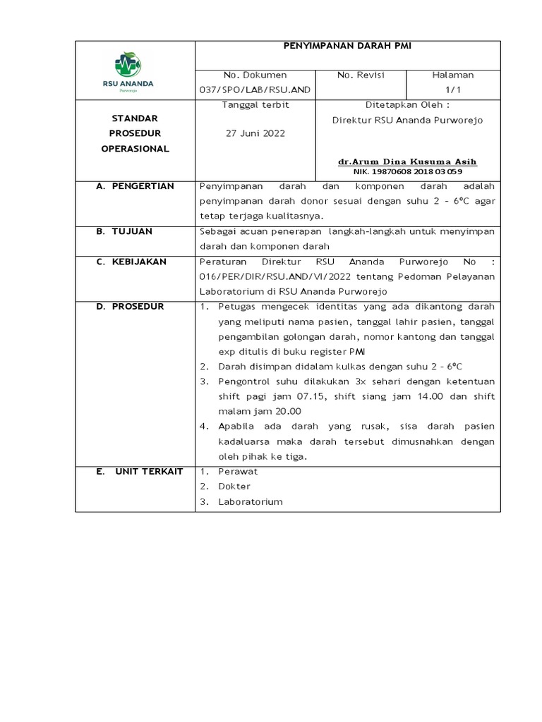 Sop Penyimpanan Darah Pmi | PDF