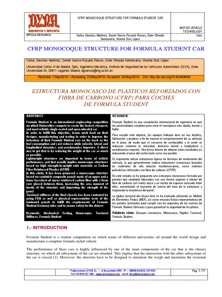CARBON FIBER REINFORCED PLASTICS (CFRP) MONOCOQUE STRUCTURE FOR FORMULA ...
