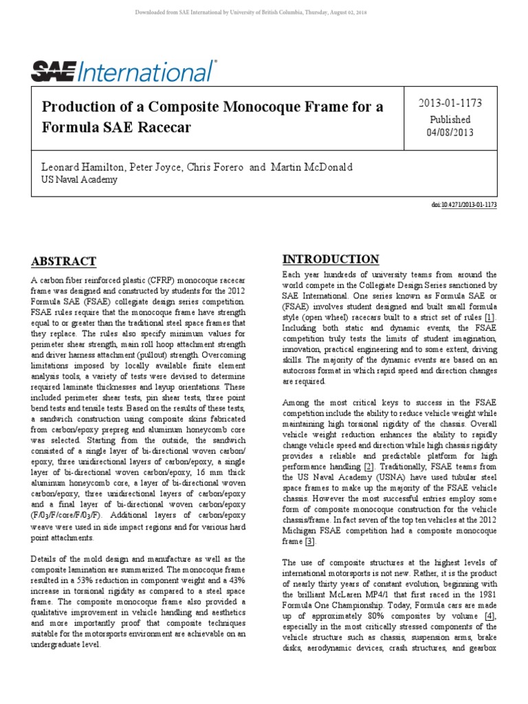 Production of A Composite Monocoque Frame For A Formula SAE Racecar ...