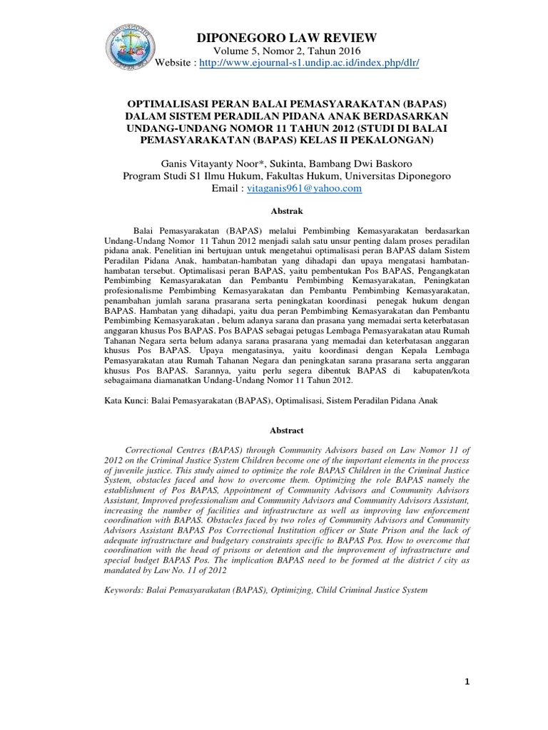 ID Optimalisasi Peran Balai Pemasyarakatan Bapas Dalam Sistem Peradilan Pidana Anak | PDF