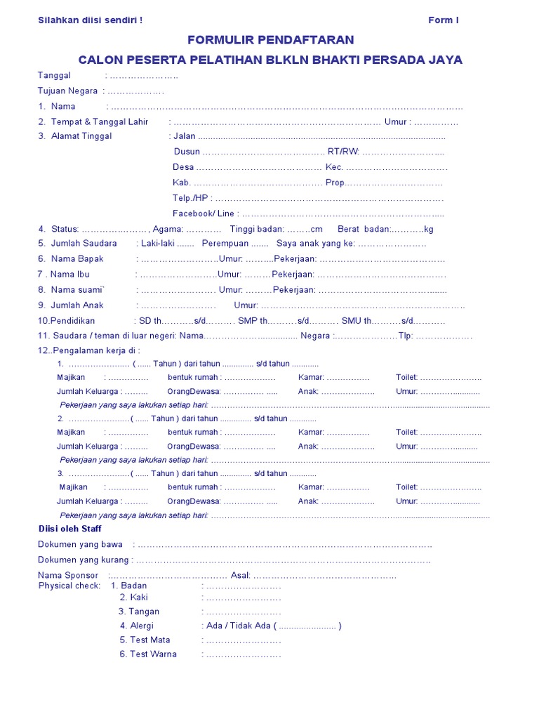 FORMULIR PENDAFTARAN Calon Peserta BLKLN | PDF