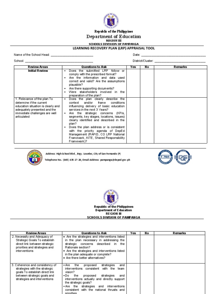 Department of Education: Learning Recovery Plan (LRP) Appraisal Tool ...