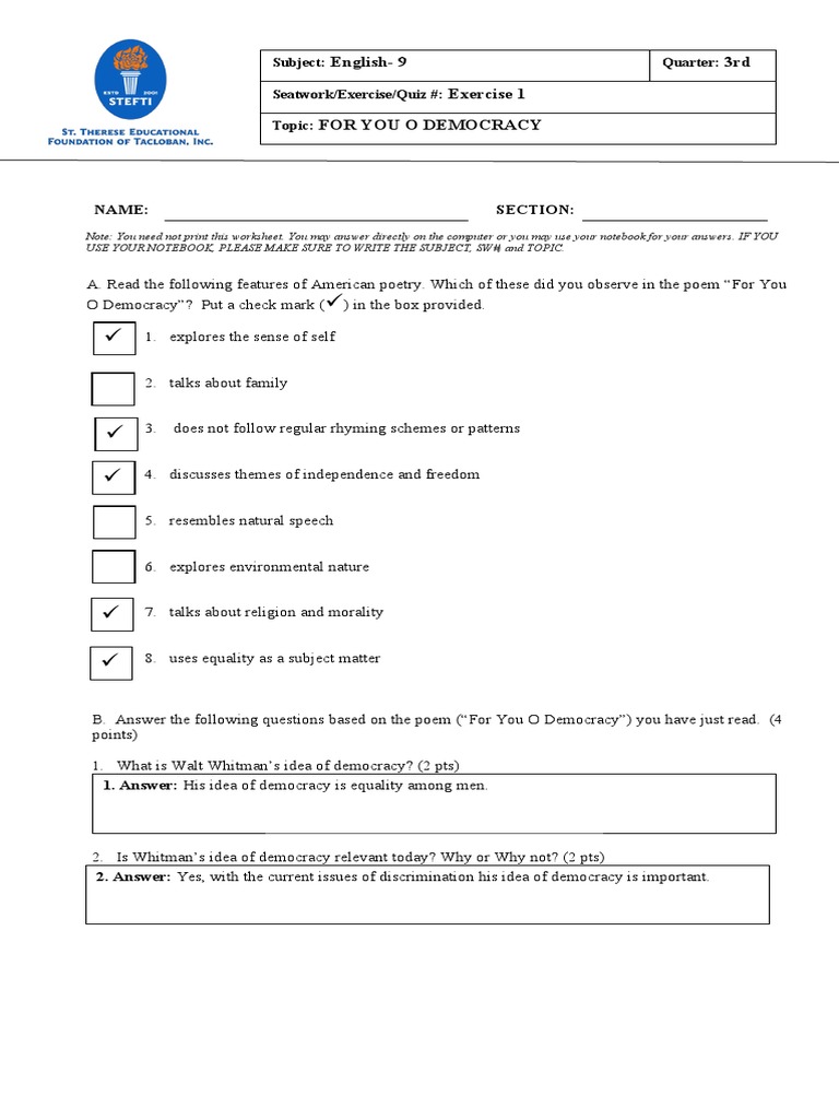 Name: Section:: English-9 3rd Exercise 1 For You O Democracy | PDF ...