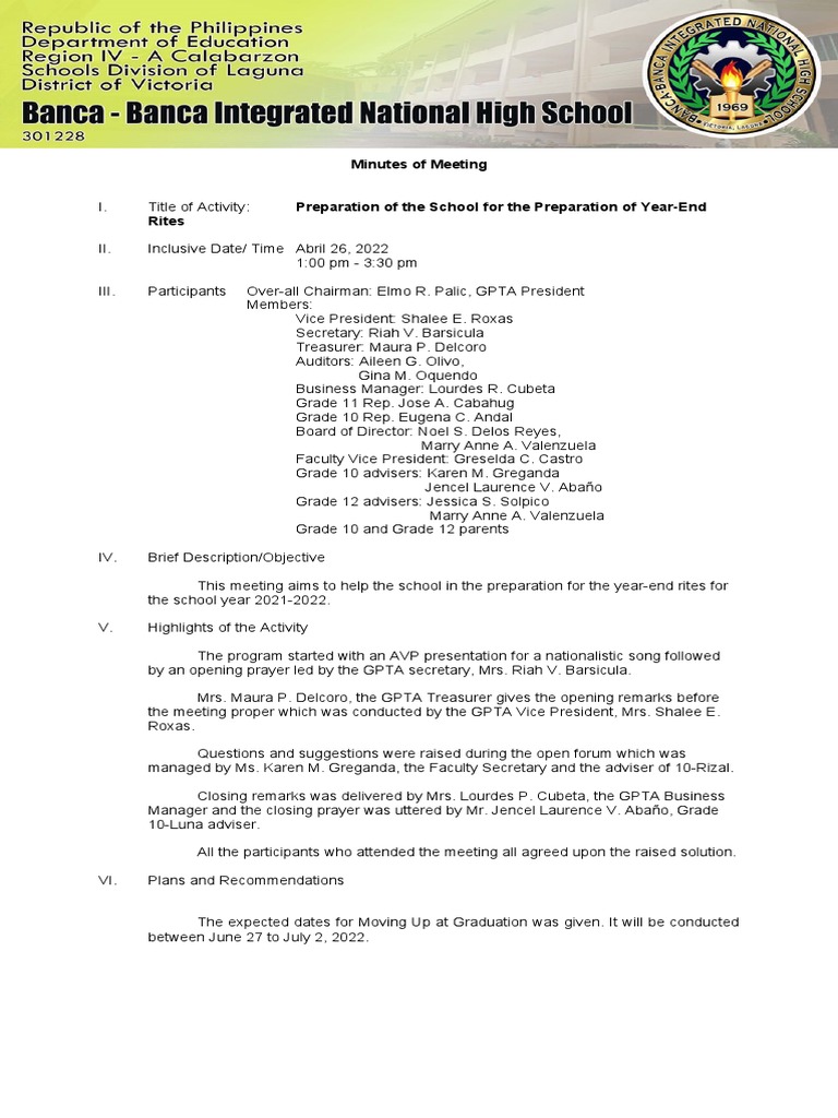 Minutes of Meeting - GPTA's Meeting With Parents in Preparation For ...