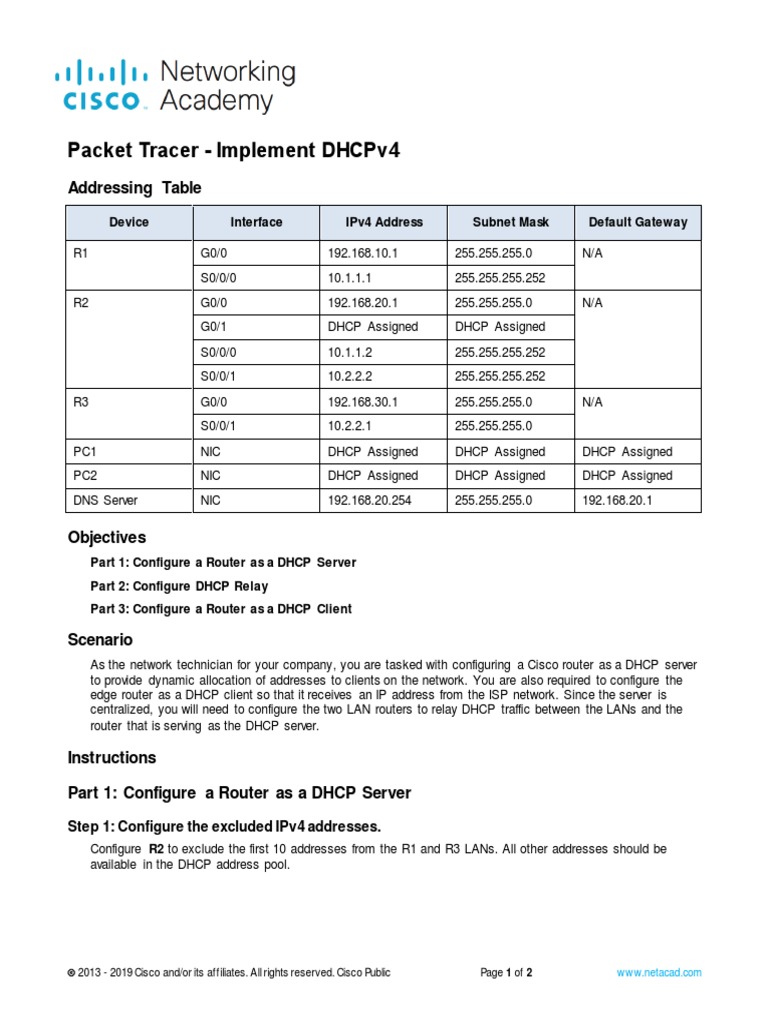 Packet Tracer - Implement Dhcpv4: Addressing Table | PDF | Router (Computing) | Computer Network