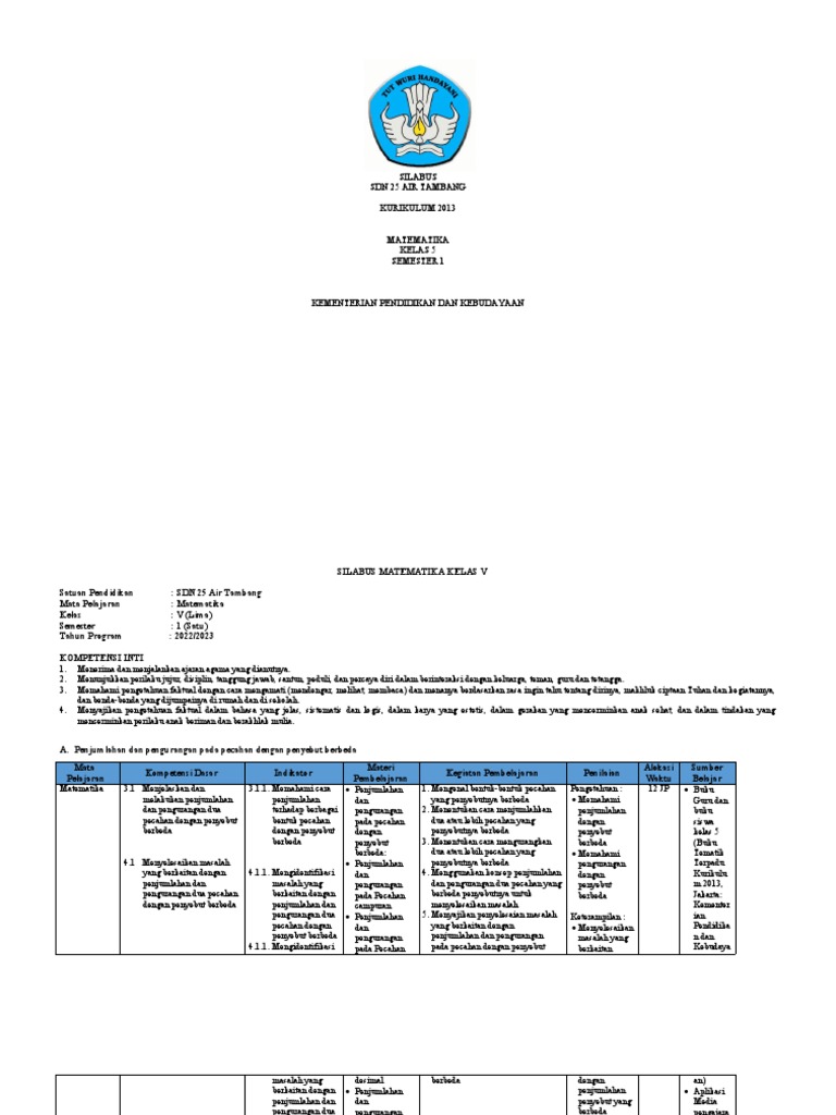 Silabus Matematika Kelas 5 Sem 1 | PDF