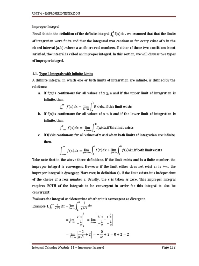 Unit 4 - Improper Integration | PDF | Integral | Limit (Mathematics)