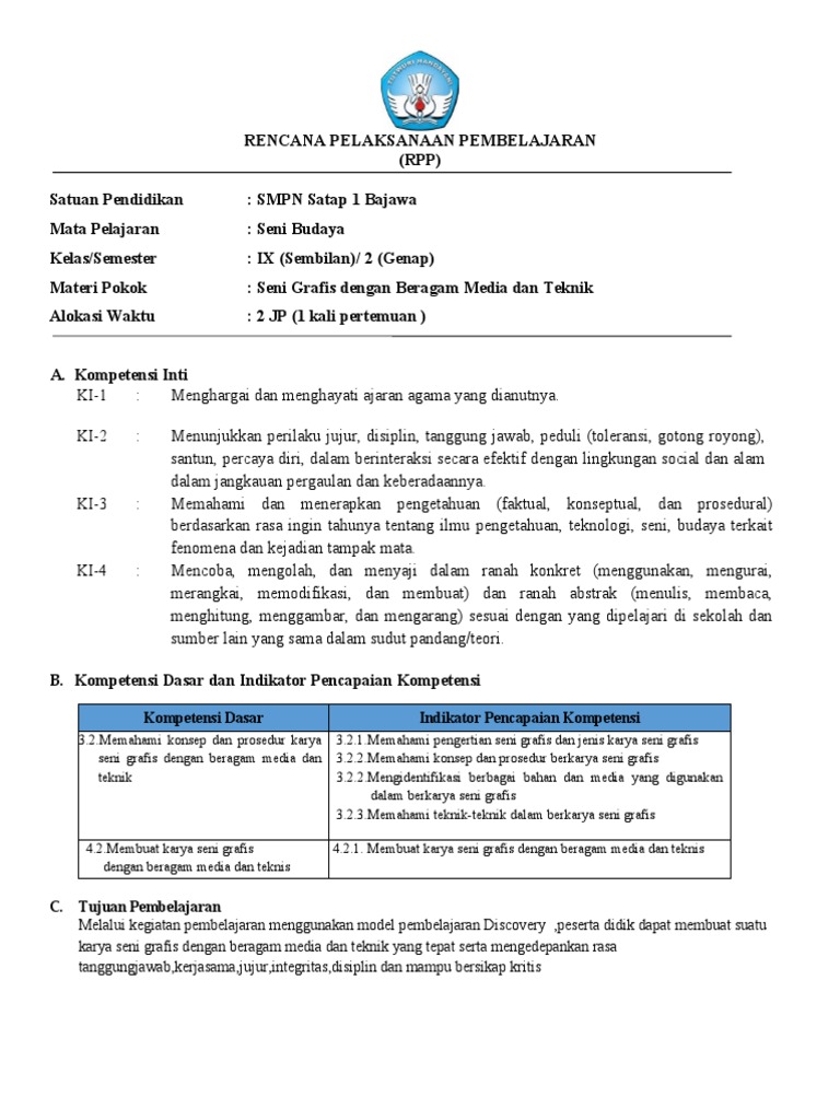 RPP Seni Budaya Kelas 1X Dua (Seni Rupa) | PDF | Karier & Perkembangan ...