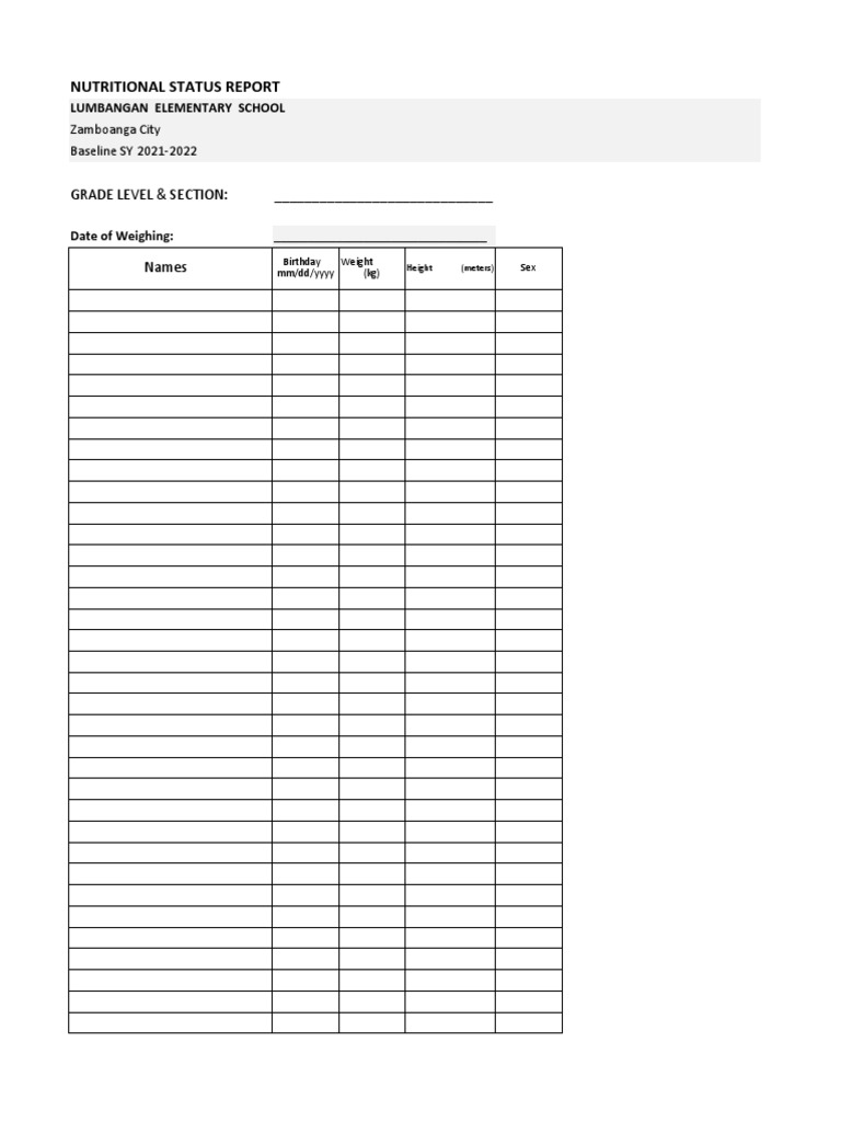 Nutritional Status Report: Grade Level & Section | PDF