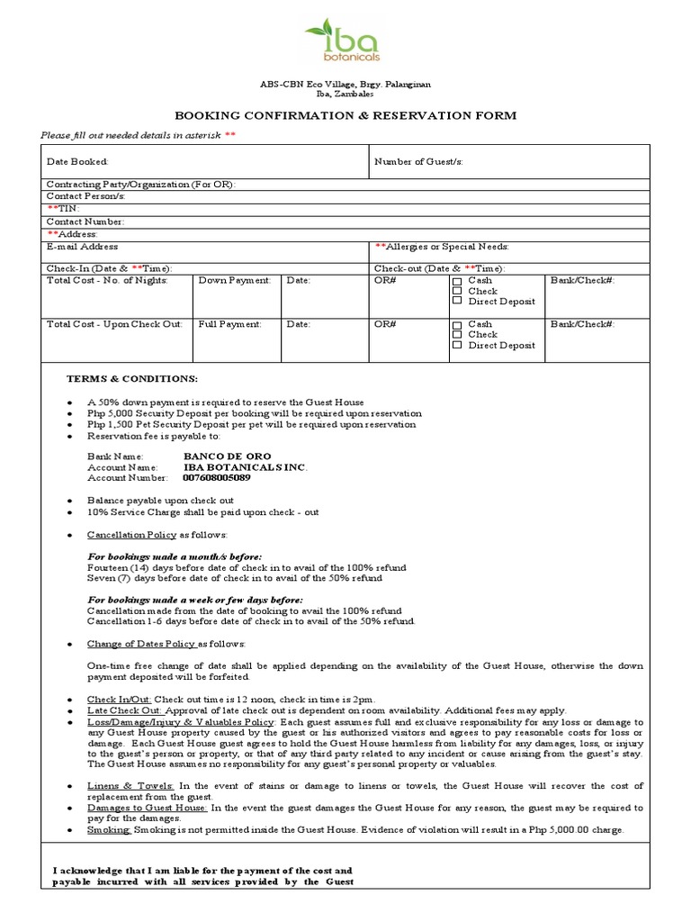 Booking & Reservation Form | PDF | Cheque | Damages