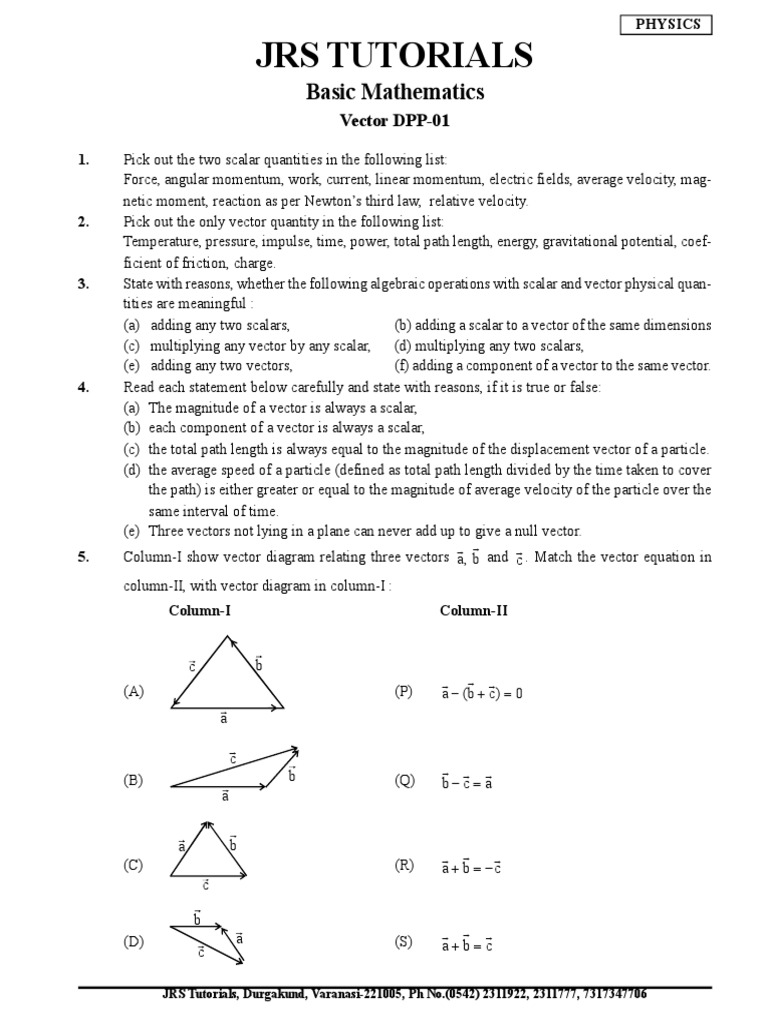 VECTOR DPP-01: BASIC MATHEMATICS OF VECTORS | PDF | Euclidean Vector ...