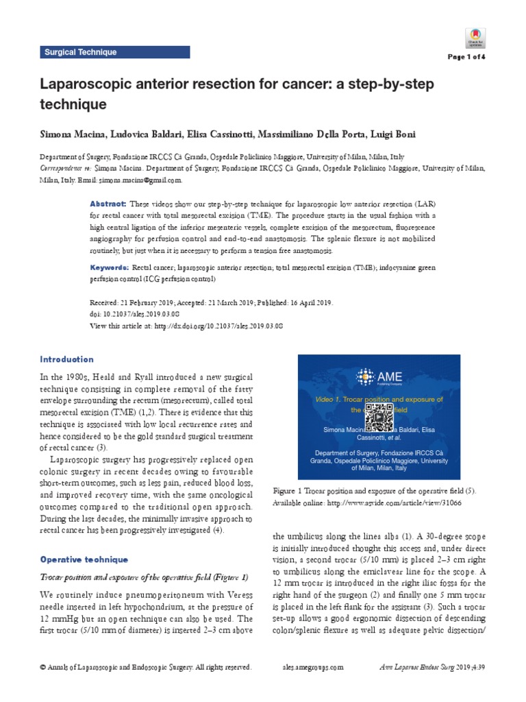 Laparoscopic Anterior Resection For Cancer: A Step-By-Step Technique ...