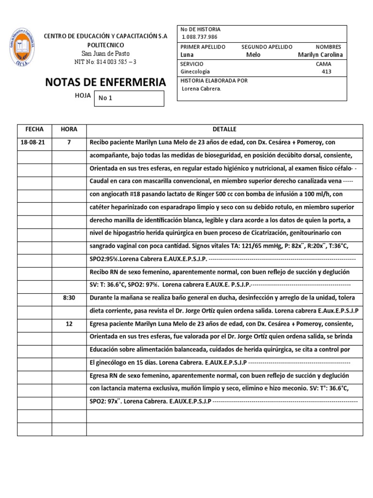 Nota de enfermeria-Cesárea-Egreso | PDF | Ciencias de la Salud ...