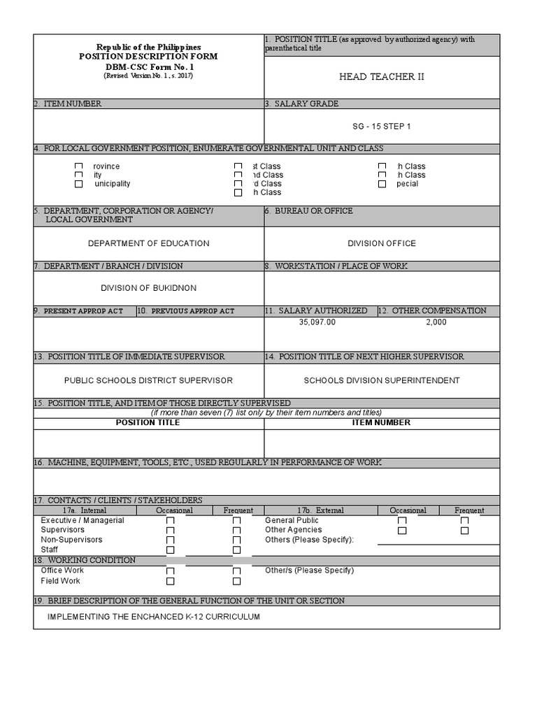 DBM CSC Form No. 1 Position Description Forms HT2 | PDF | Teachers ...
