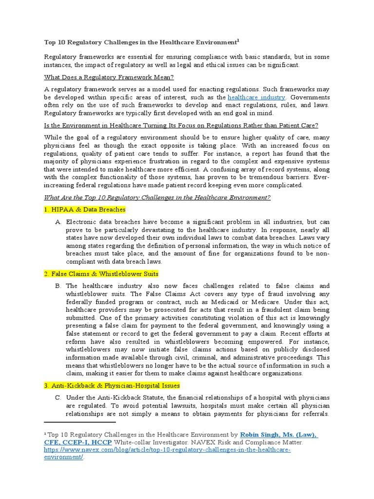 Top 10 Regulatory Challenges in The Healthcare Environment | PDF ...
