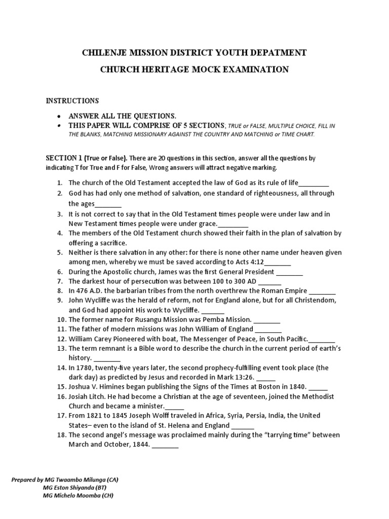 Chilenje Mission District Youth Depatment Mock Examination | PDF ...
