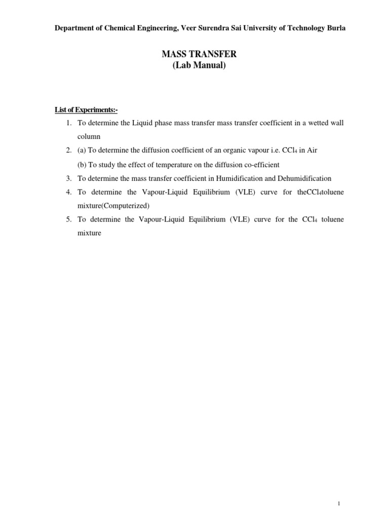 Mass Transfer Lab Manual Pdf Distillation Humidity
