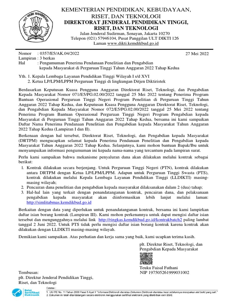 Pengumuman Penerima Pendanaan Penelitian Dan Pengabdian Kepada Masyarakat Di PerguruanTinggi ...
