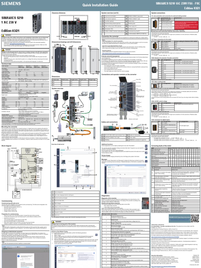 SINAMICS S210 1AC 230V FSA - FSC Quick Installation Guide | PDF | Power Supply | Electronics