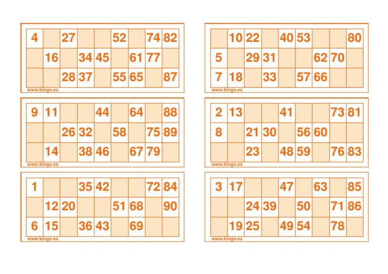 Cartón de bingo con 90 números distribuidos en 30 casillas de 3 números ...