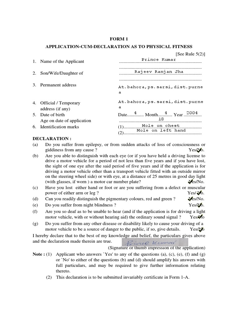 Form 1 Application-Cum-Declaration As To Physical Fitness | PDF ...