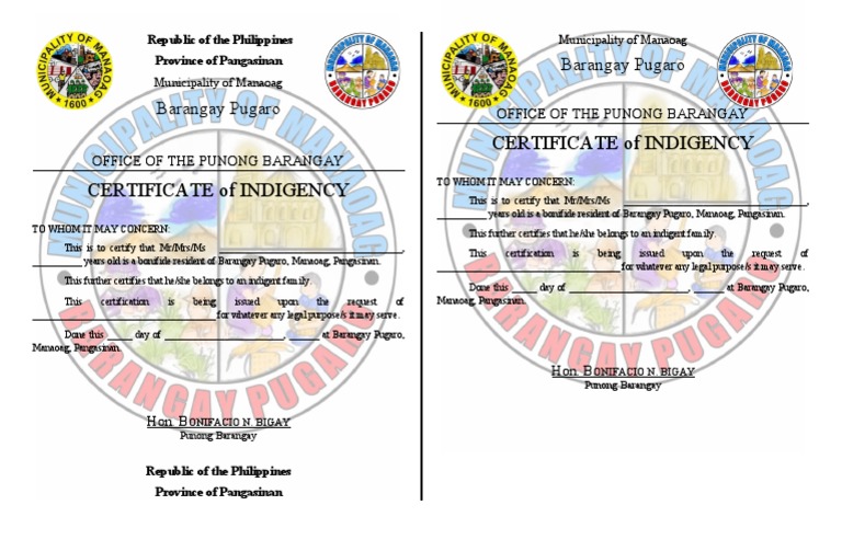 Certificate of Indigency Certificate of Indigency: Barangay Pugaro ...
