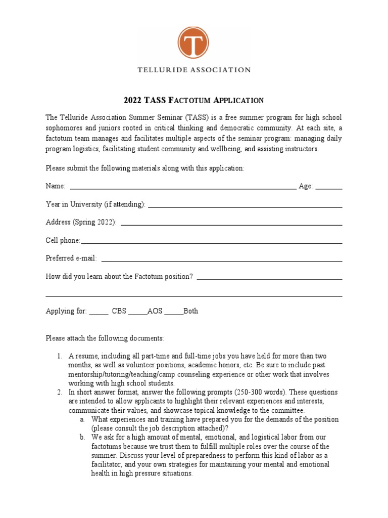 2022 TASS Factotum Application Rev | PDF | Background Check | Community
