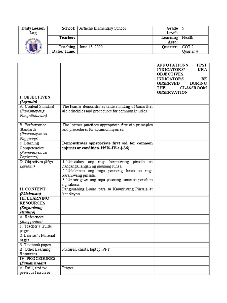 Health 5 Lesson Plan | PDF