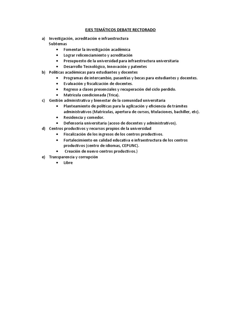 Ejes Temáticos Debate Rectorado | PDF
