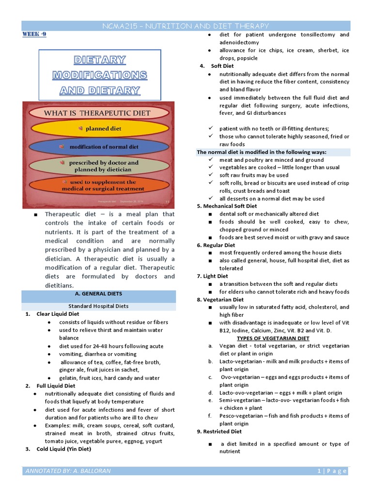 Ncma215 - Nutrition and Diet Therapy: Week - 9 | PDF | Dieting | Calorie Restriction