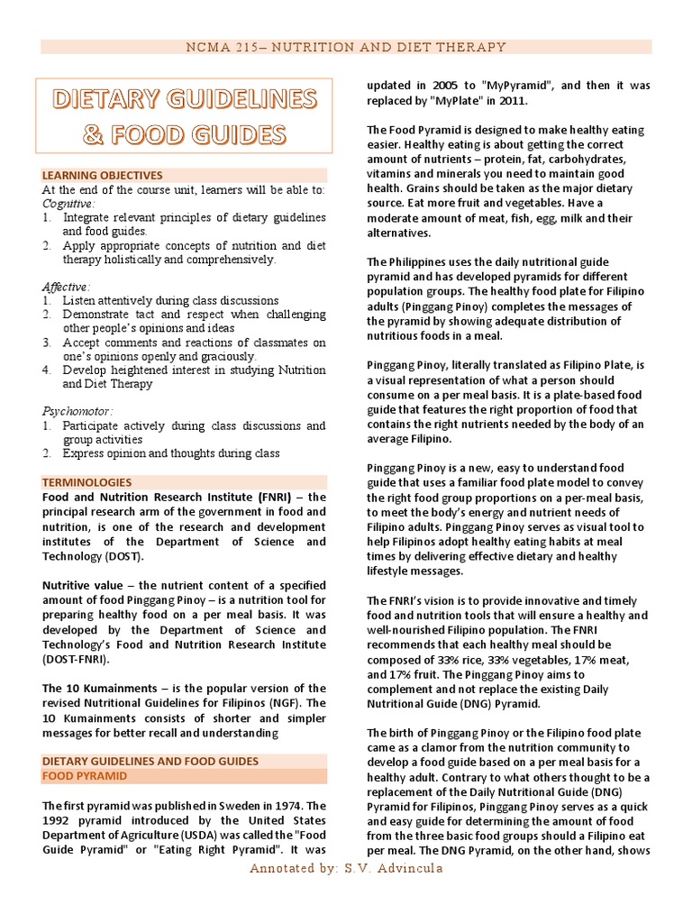 Ncma 215 - Nutrition and Diet Therapy: Learning Objectives | PDF | Foods | Nutrition Facts Label