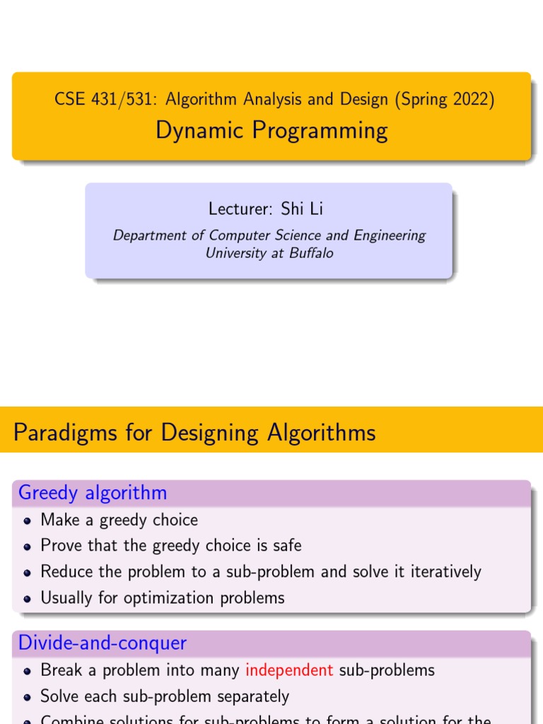 Dynamic Programming: CSE 431/531: Algorithm Analysis and Design (Spring 2022) | PDF ...