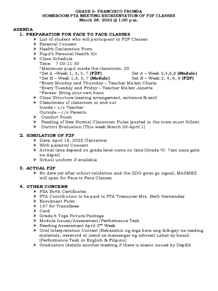 Agenda For Homeroom Pta Meeting | PDF
