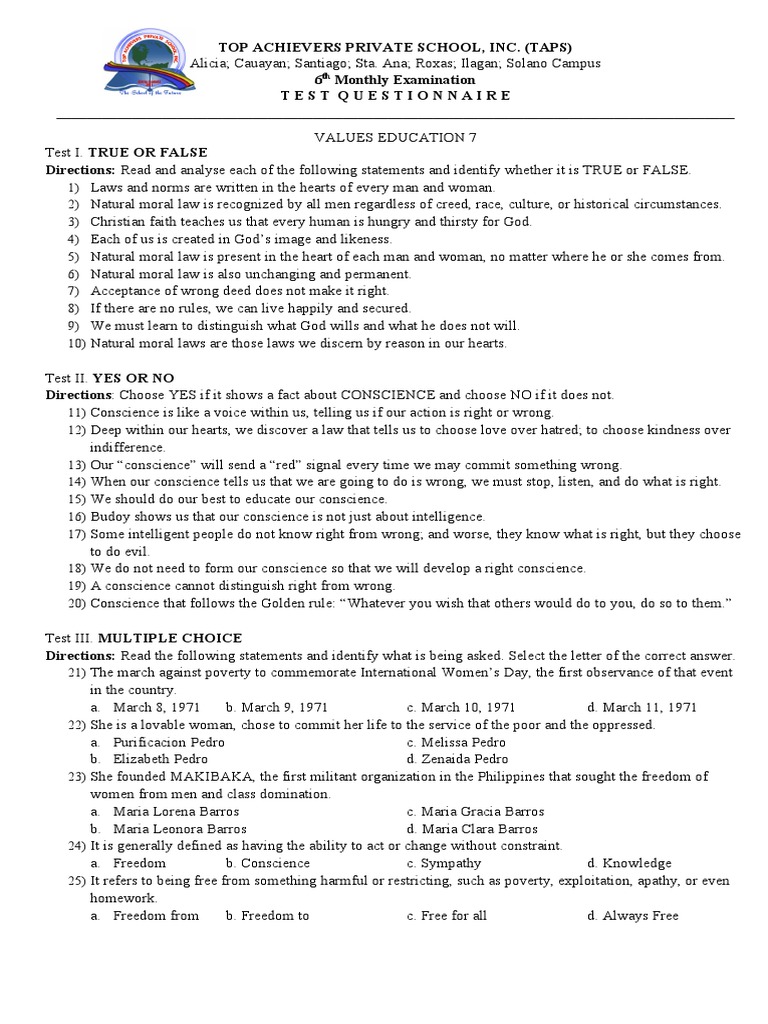Values Education 7 | PDF | Conscience | Test (Assessment)