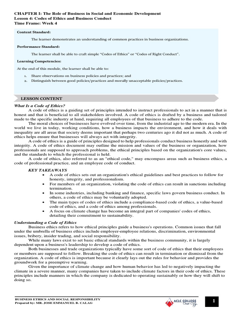 Lesson 4 - Codes of Ethics and Business Conduct | PDF | Organizational ...
