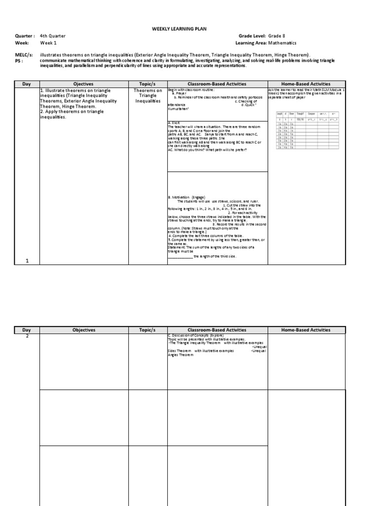 Weekly Learning Plan Quarter: 4th Quarter Grade Level: Grade 8 Week ...