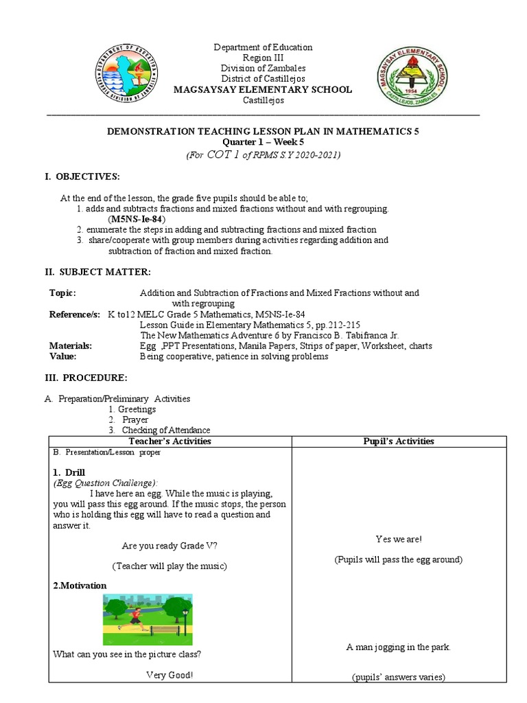 COT 1 DLP Mathematics 5 Q1 Week 5 S.Y 2020-2021 | PDF | Mathematics ...