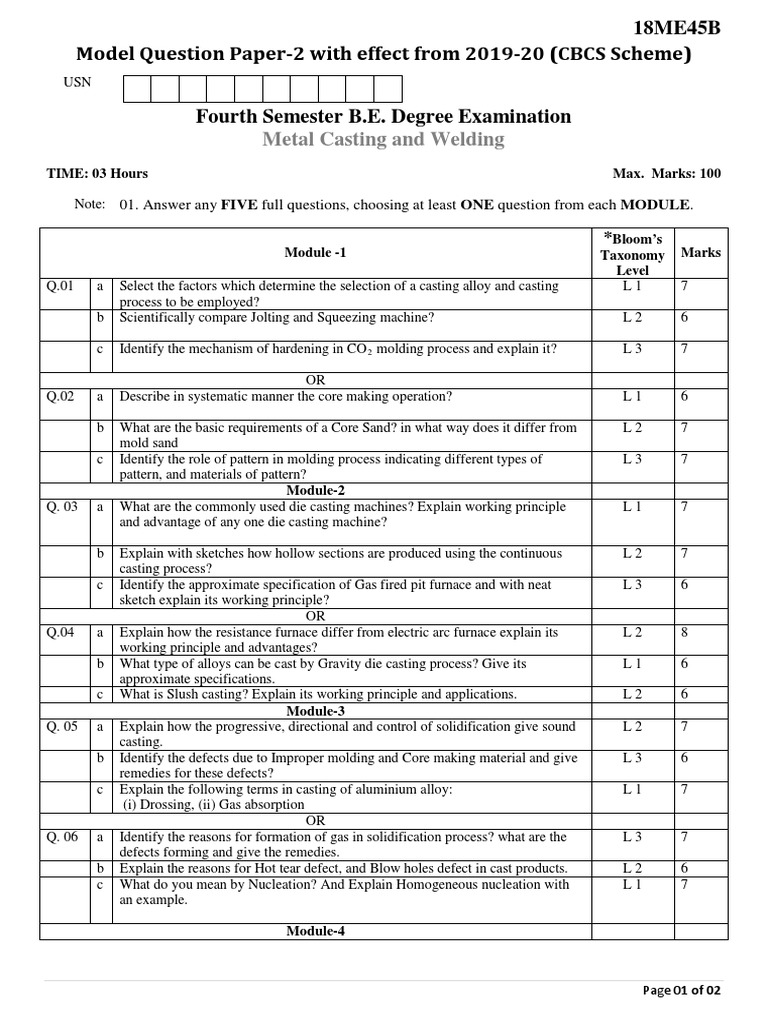 Metal Casting and Welding Exam Paper | PDF | Construction | Welding