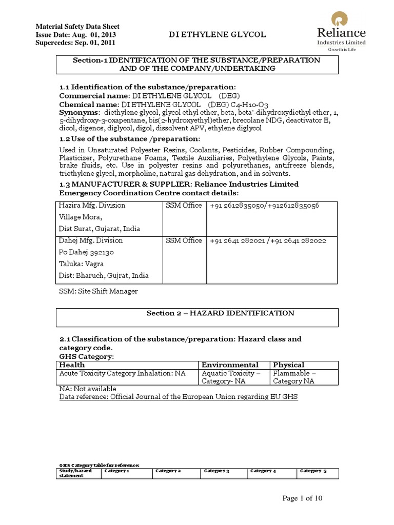 Di Ethylene Glycol - RIL - MSDS | PDF | Dangerous Goods | Occupational ...