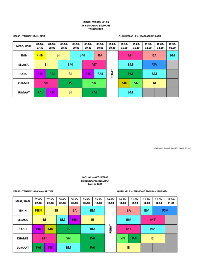 Jadual Kelas SK Keniogan 2022 | PDF