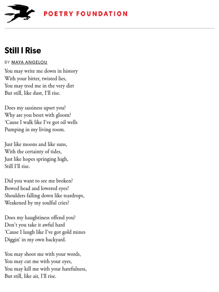 Still I Rise by Maya Angelou Poetry Foundation | PDF