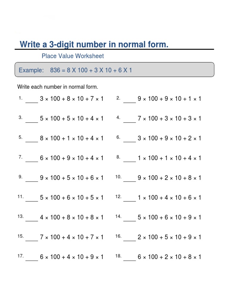 Write A 3-Digit Number in Normal Form.: Grade 2 Place Value Worksheet ...