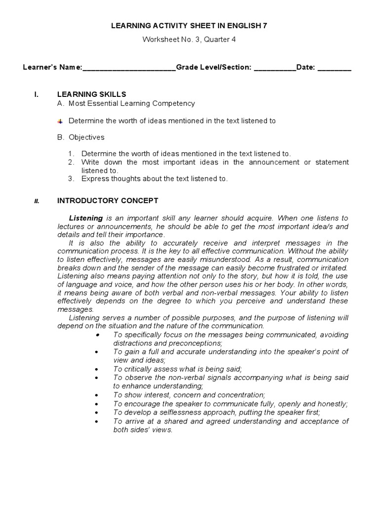 Learning Activity Sheet in English 7: Listening Is An Important Skill ...
