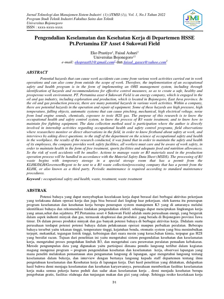 Pengendalian Keselamatan Dan Kesehatan Kerja Di Departemen HSSE PT - Pertamina EP Asset 4 ...